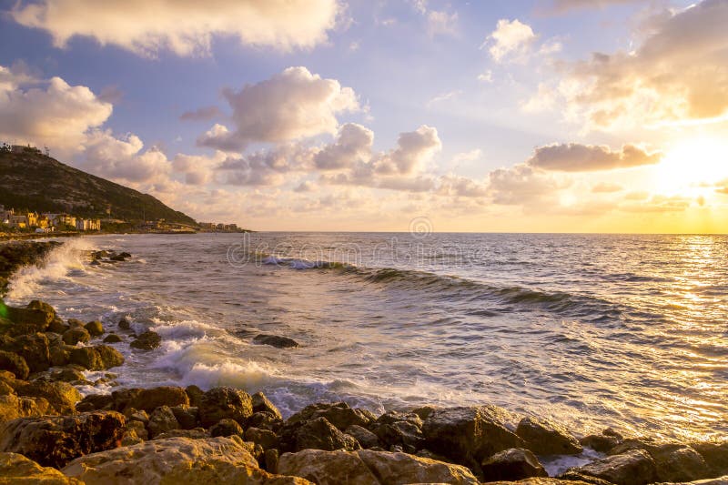 Haifa sunset scene stock photo. Image of coastline, nature - 123337772