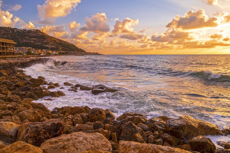 Haifa sunset scene stock image. Image of beach, coast - 123343045