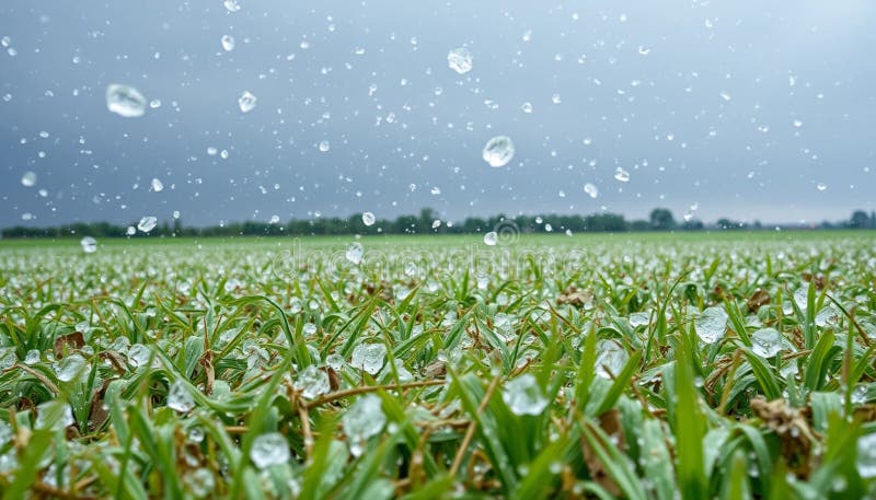 Falling Hail on Grass Field with Stormy Sky Landscape Scene Stock ...