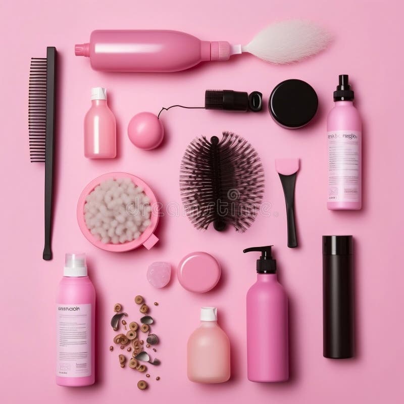 Hair Care Items on Pink Background. Generative AI Stock Illustration ...