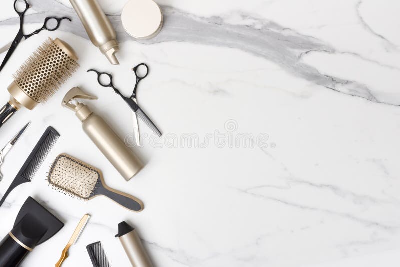 Various Hair Dresser Tools on Wooden Background with Copy Space Stock ...