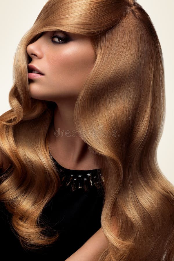 Hair Volume Portrait Of Beautiful Blonde With Long Wavy Hair Stock