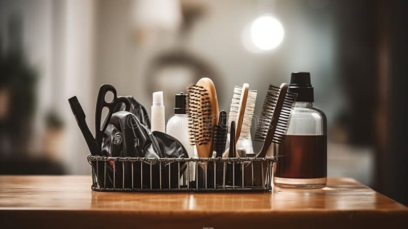 Hair Stylist Tools Displayed on a Wooden Surface, Complemented by a ...