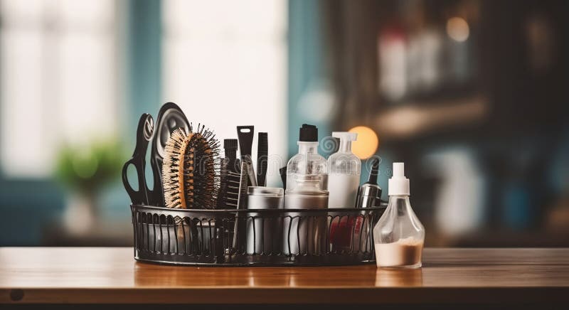 Hair Stylist Tools Displayed on a Wooden Surface, Complemented by a ...
