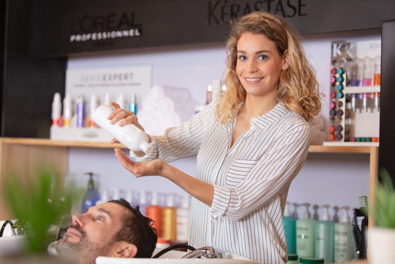 Hair Stylist Working on Haircut for Happy Client Stock Photo - Image of ...
