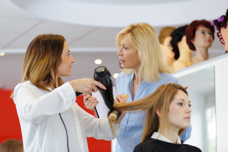 Hairdresser Apprentice Doing Hairdo To Client Stock Image - Image of ...