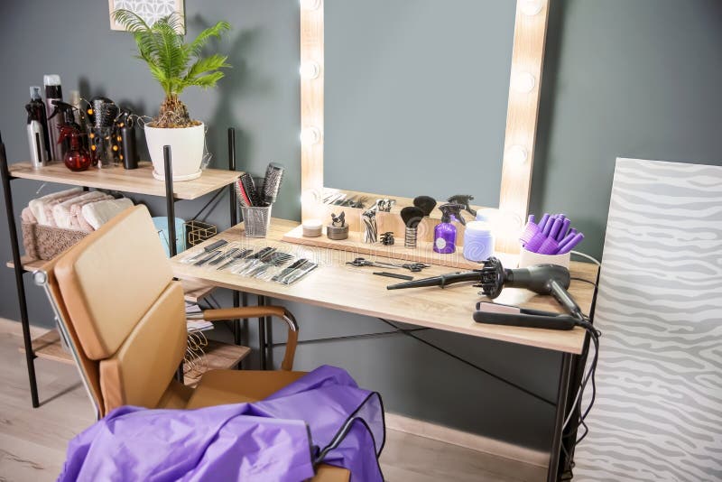 Hairdresser`s Workplace in Salon Stock Photo - Image of care, curling ...