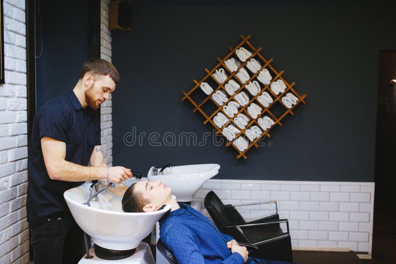 Hairdresser Washing Head Client Stock Photo - Image of client, male ...
