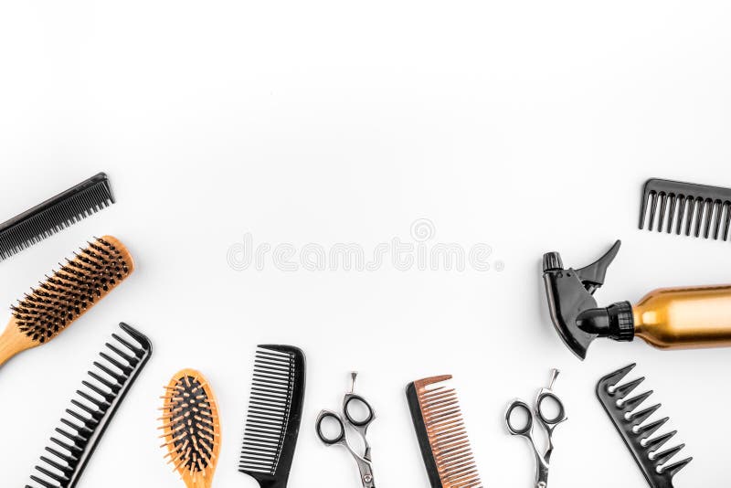 Hairdressing Instruments. Combs, Scissors and Spray on White Desk from ...