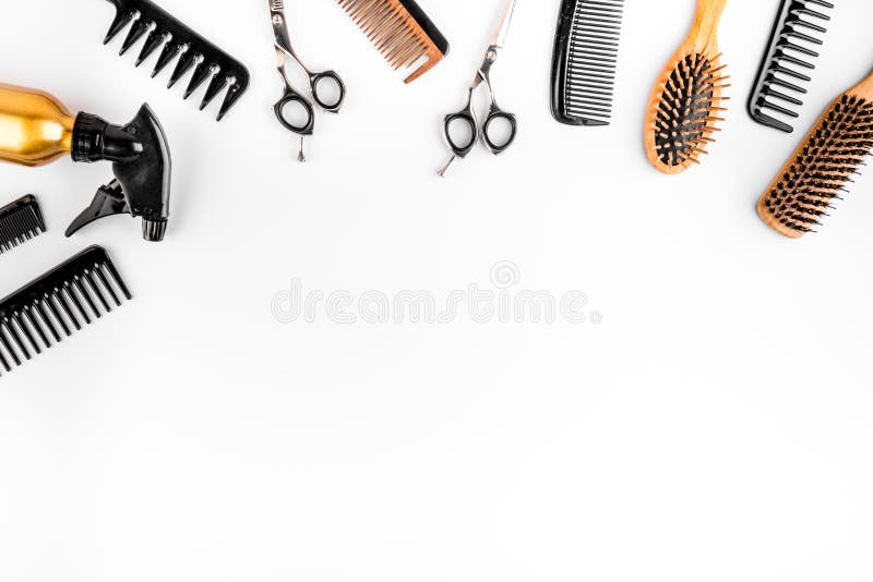 Hairdressing Instruments. Combs, Scissors on White Table Top View Frame ...
