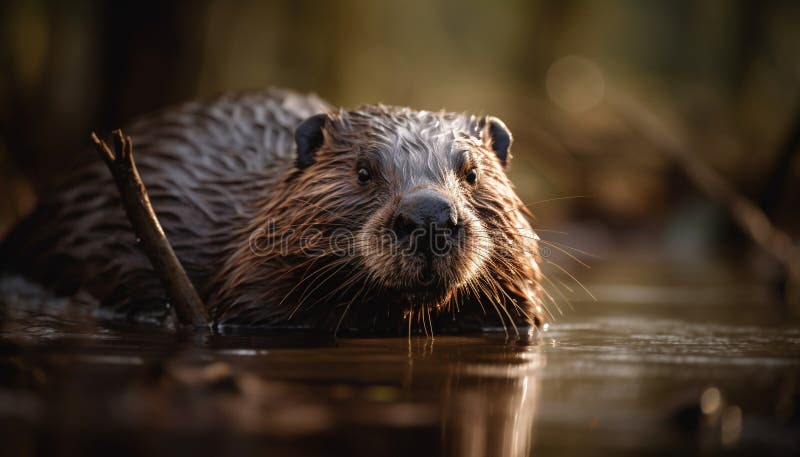 Hairy Beaver Swimming in Tranquil Forest Pond Generated by AI Stock ...