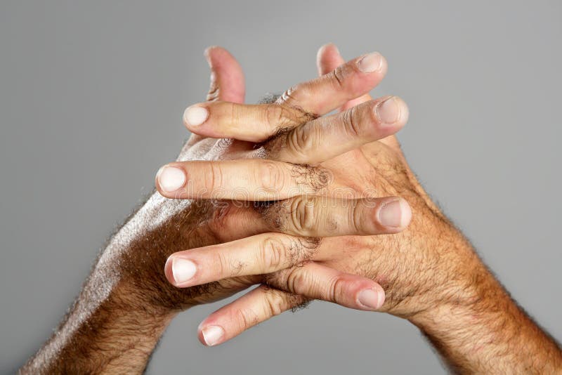 Hairy Man Hand Closeup Expression Over Gray Stock Image - Image of ...