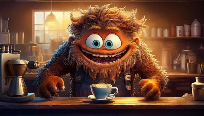 Hairy Monster for Coffee in a Cafe Stock Illustration - Illustration of ...