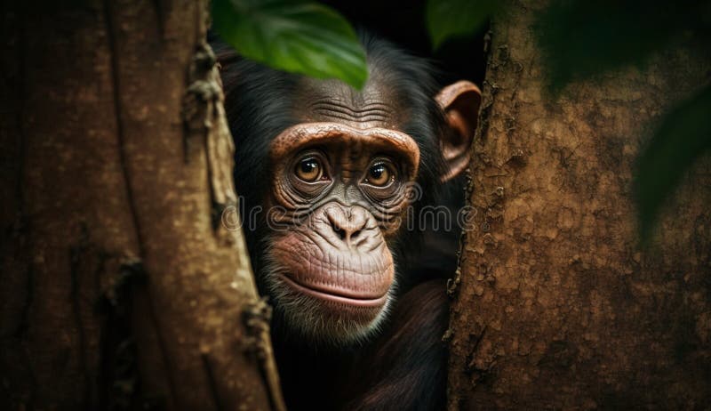 Hairy Primate Sitting on Tree Staring Forward Generated by AI Stock ...