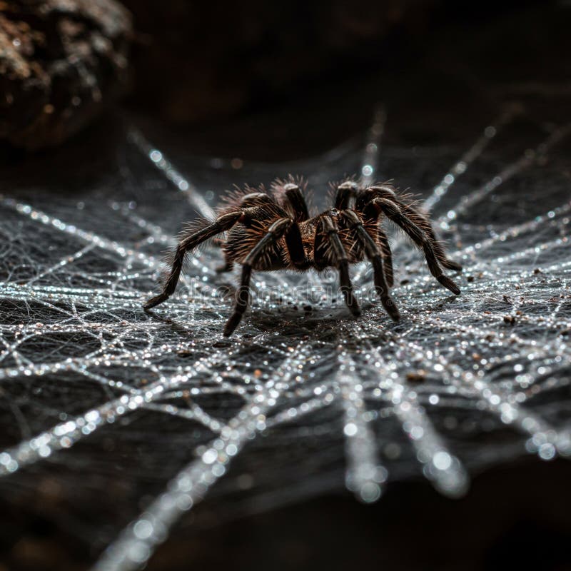 A Hairy Tarantula is Navigating an Intricate Spider Web. the Web is ...