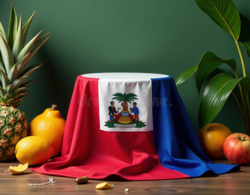 Haitian Flag Draped on Display Table with Tropical Fruits Stock ...