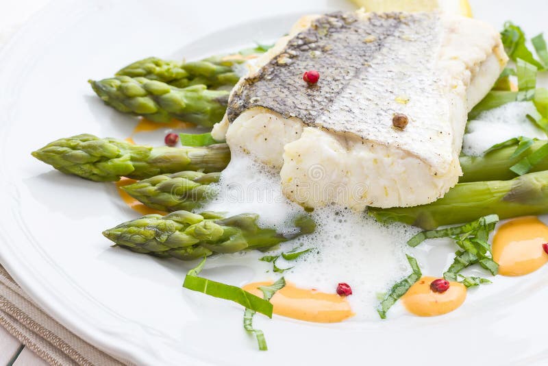 Hake Fillet with Asparagus Foam Sauce Stock Image - Image of portion ...
