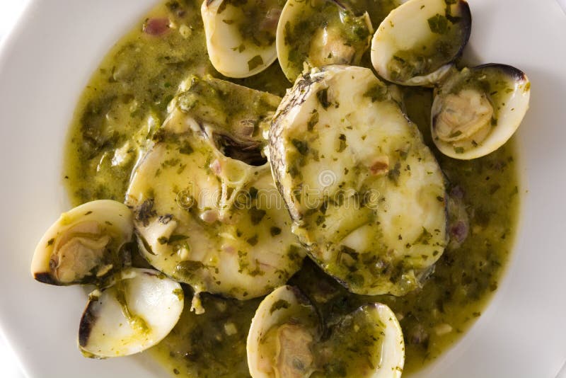 Hake Fish and Clams with Green Sauce Stock Image - Image of herbs ...