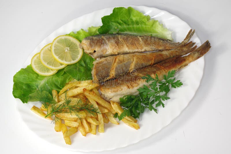 Hake fish on plate stock photo. Image of greens, merluccius - 124347492