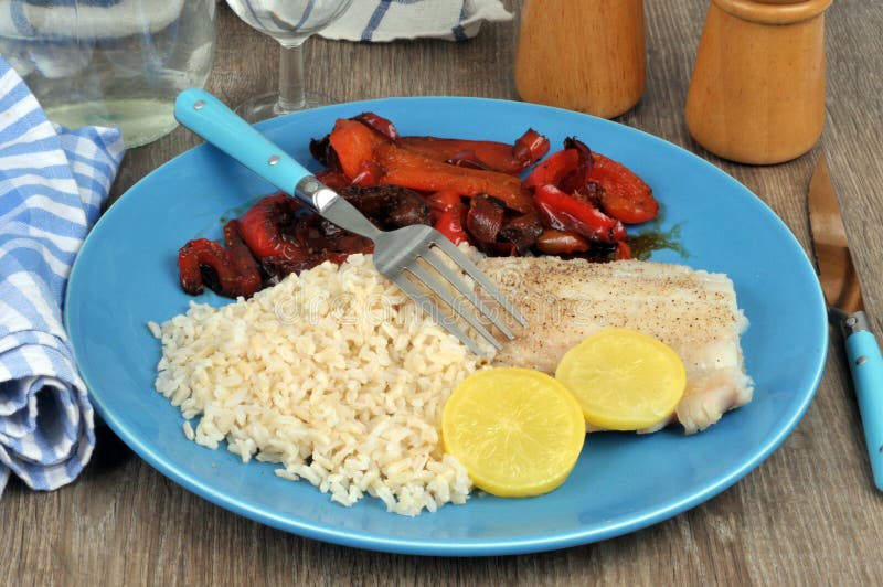 Diet Meal with Fish, Rice and Vegetables Served on a Plate Stock Photo ...