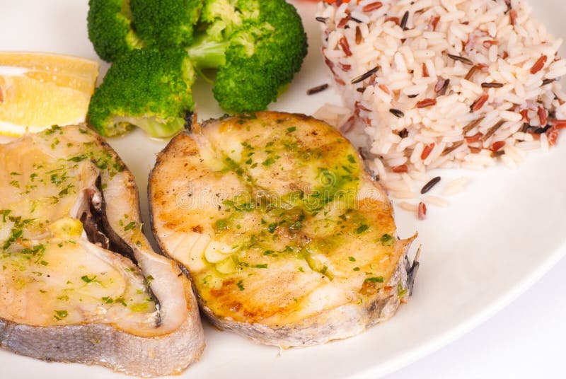 Hake slices stock photo. Image of plate, horizontal, rice - 27750134