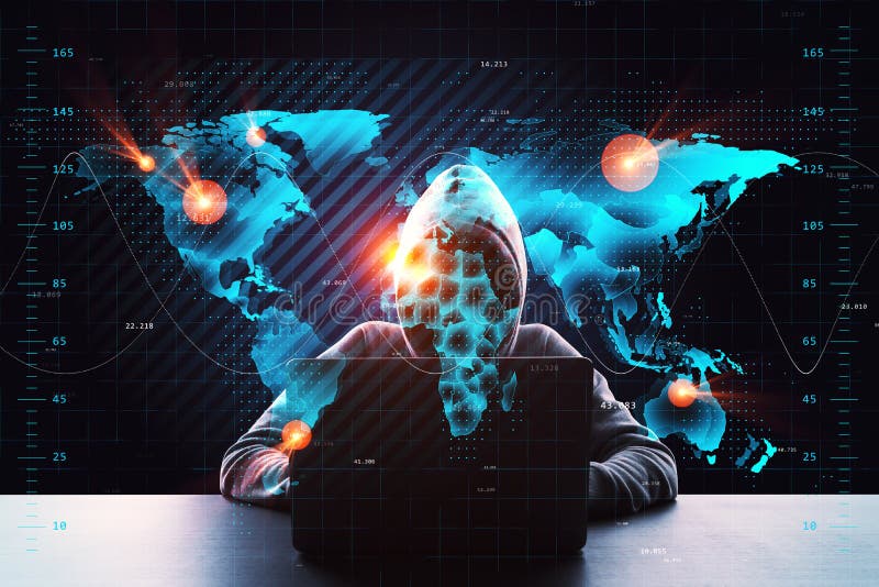 Haker at Desktop Using Laptop with Creative Glowing Map Hologram on ...