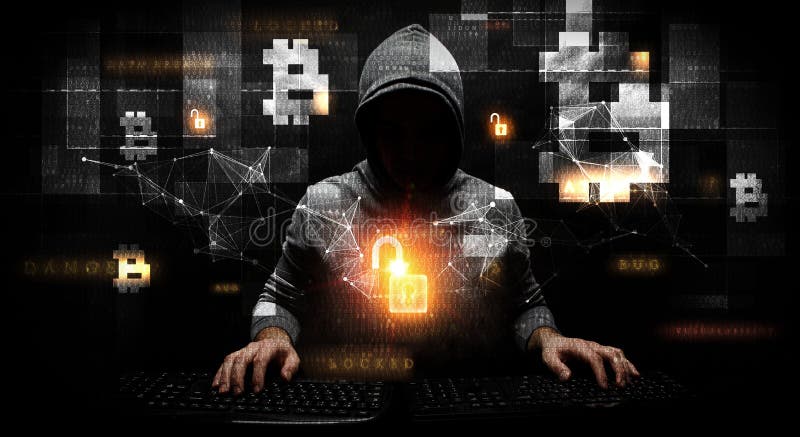 Haking into crypto world stock photo. Image of thief - 156143120