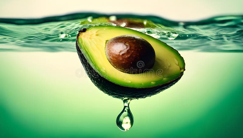 A Half Avocado With A Visible Pit Submerged In Clear Water Creating A Serene And Fresh Scene