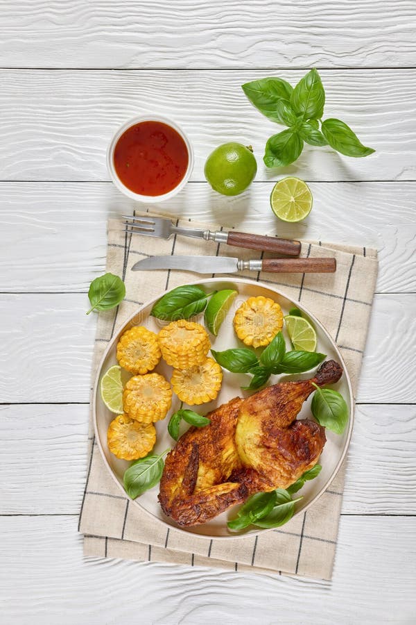 Half of Bbq Chicken with Corn Cobs Coins and Basil Stock Image - Image ...