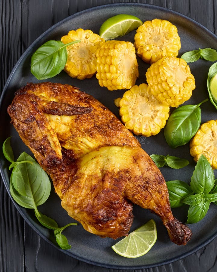 Half of Bbq Chicken with Corn Cobs Coins and Basil Stock Image - Image ...