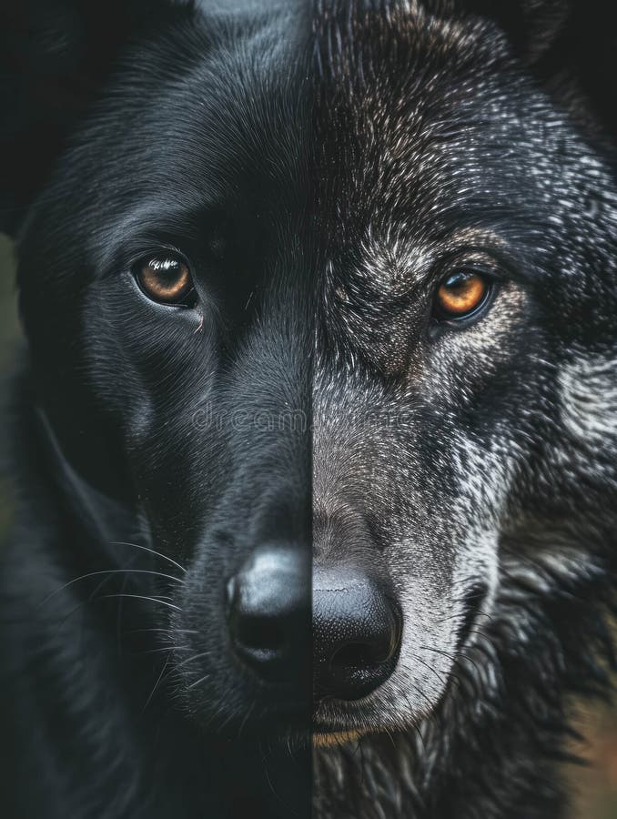 Half Black Labrador Dog Face on Left and Half Elderly Black Wolf on the ...