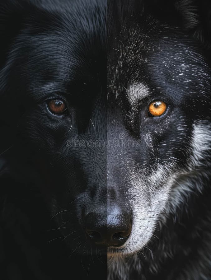 Half Black Labrador Dog Face on Left and Half Elderly Black Wolf on the ...