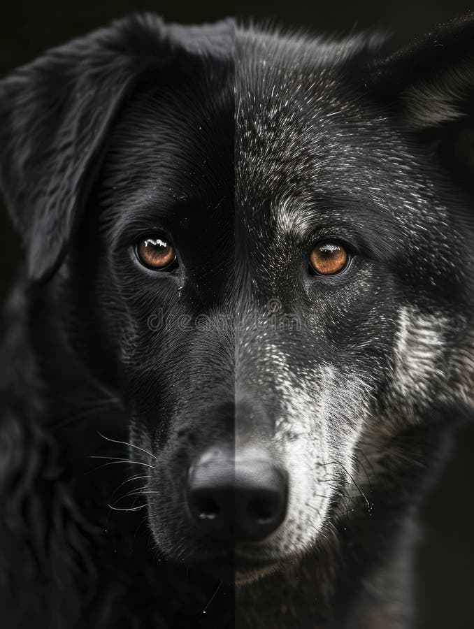 Half Black Labrador Dog Face on Left and Half Elderly Black Wolf on the ...