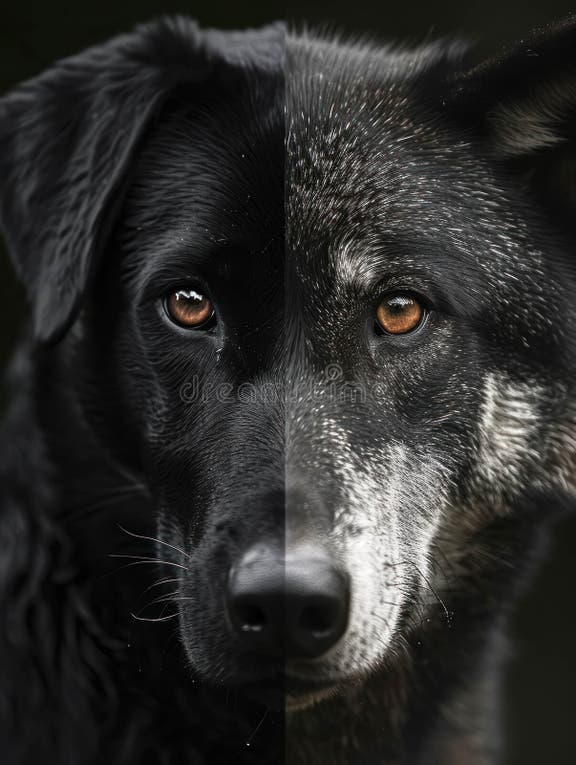Half Black Labrador Dog Face on Left and Half Elderly Black Wolf on the ...