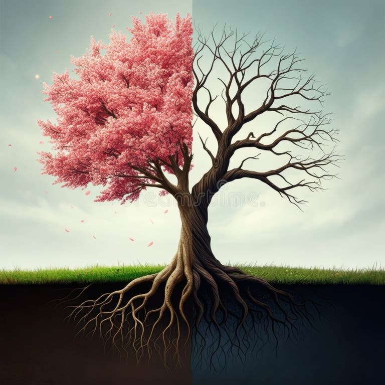Half-blooming and Half-dying Tree with Deep Roots Representing Life and ...