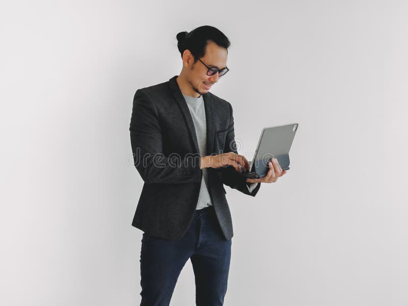 Half Body Portrait of Smile Happy Man in Grey T-shirt on White. Stock ...