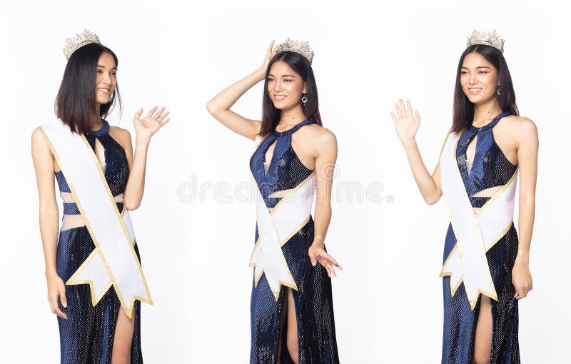 Half Body Of Miss Beauty Pageant Contest Wear Blue Evening Sequin Gown