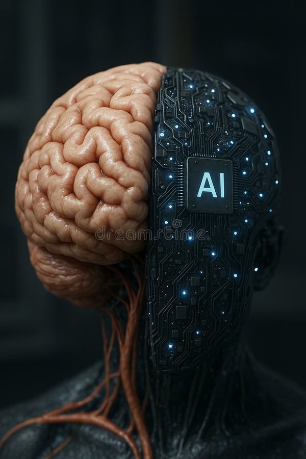 Half Brain Half AI Conceptual Head Stock Illustration - Illustration of ...