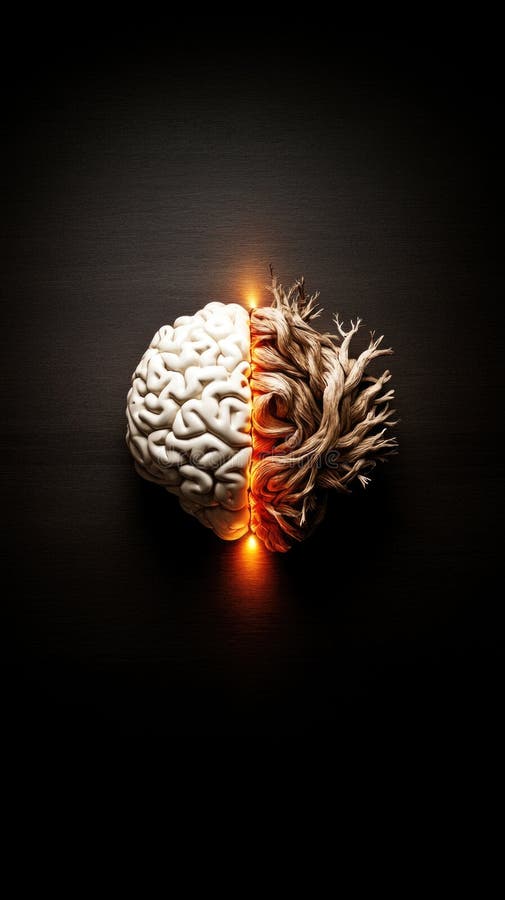Half Brain Sculpture Fused with Roots on Dark Background Symbolizing ...