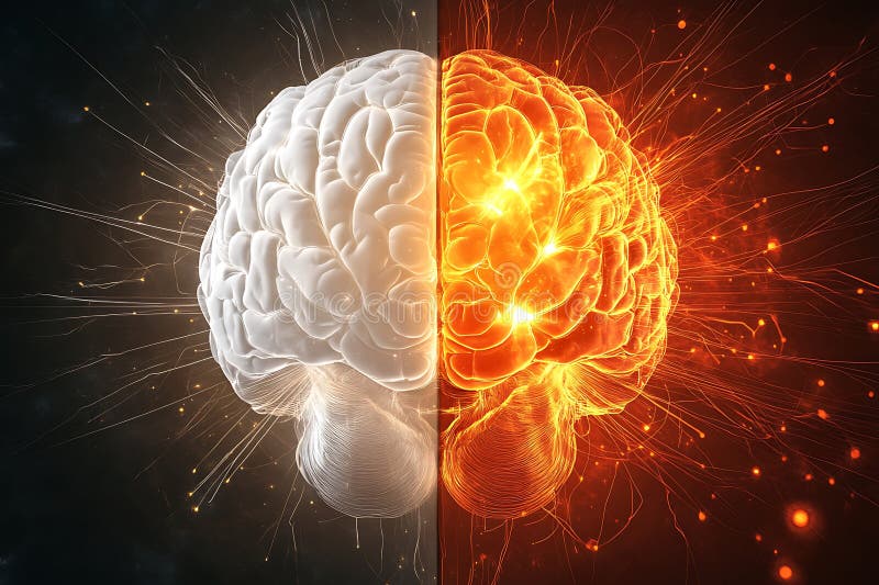 Half and Half Brain with Sparks White and Orange Glowing Neural ...