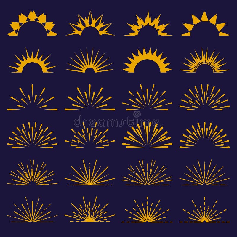 Half Circle Sunburst Rays Collection. Vector Set of Yellow Halves Light ...