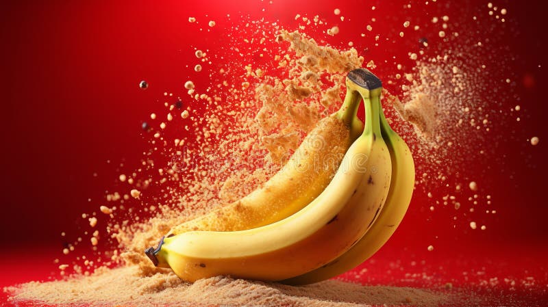 Half Cleaned Banana with Red Powder Explosion on Solid Yellow ...