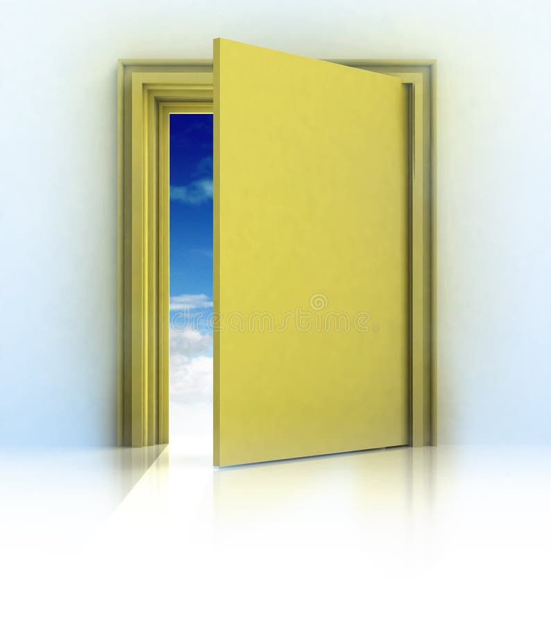Half Closed Door In Golden Frame Door With Blue Sky Stock Illustration ...