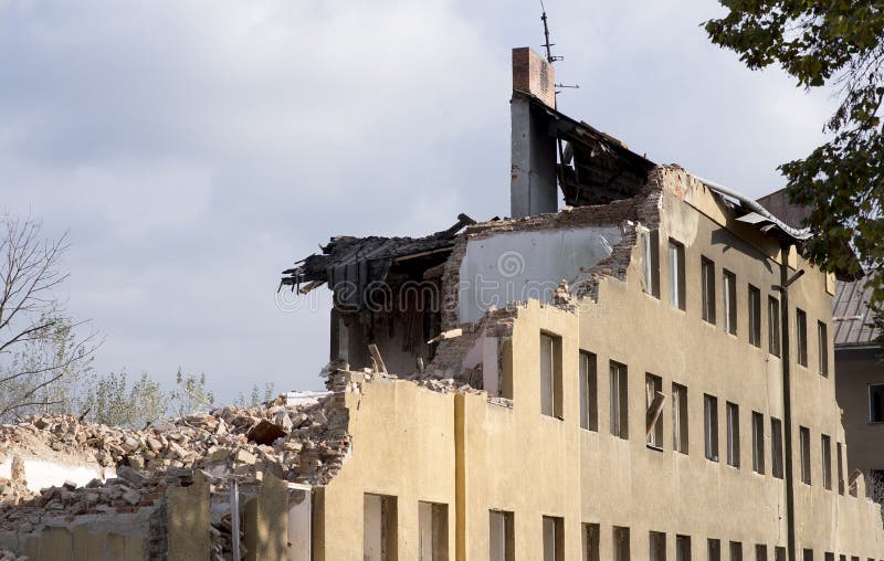Collapsed and Destroyed Concrete Industrial Building Isolated on White ...
