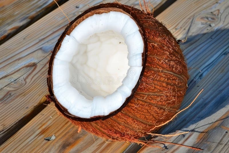 Half-cut Coconut Resting on a Wooden Surface. Stock Illustration ...