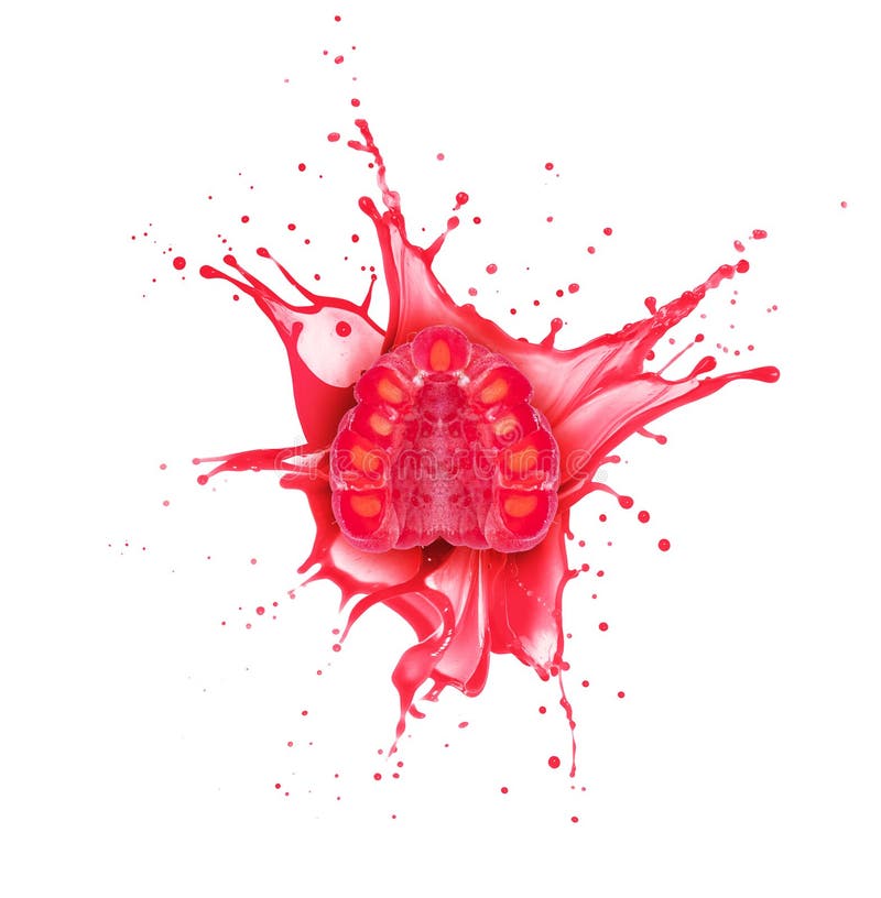 Half of a Cut Raspberry with a Splashes of Juice Isolated on a White ...
