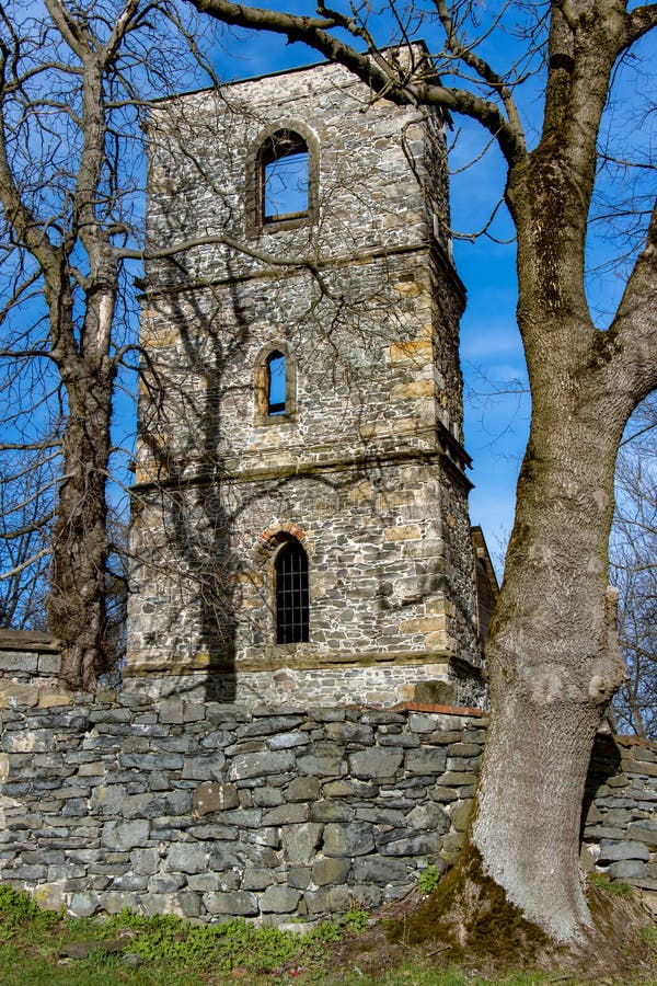 A Half-demolished Stone Church Behind the Enclosure Wall with Blue Sky ...