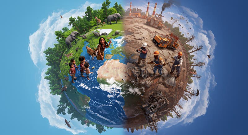 Half Destroyed and Half Preserved Planet Earth Environmental Contrast ...