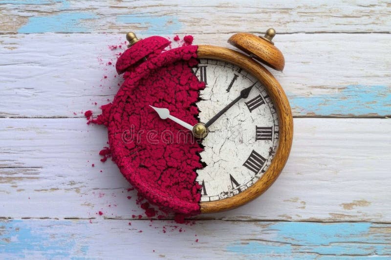 Half-destroyed Vintage Clock on Wooden Surface with Crumbling Red Side ...
