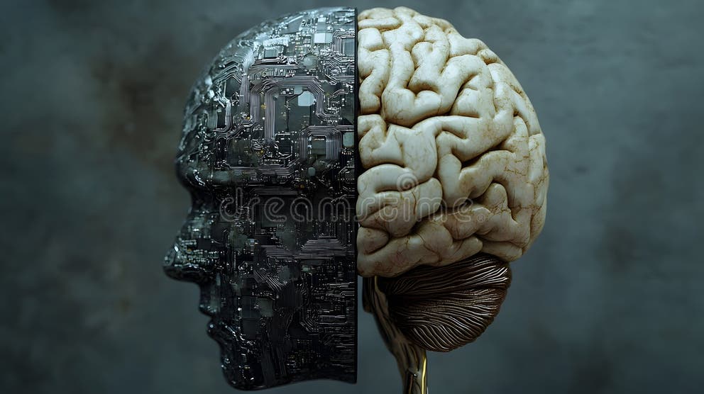 Half Digital Brain Merging with Biological Brain Stock Illustration ...